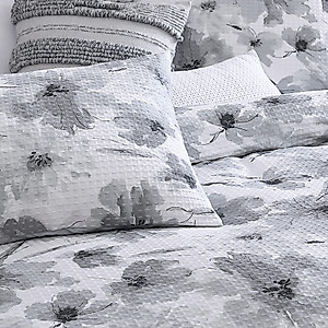 DKNY Bedding Modern Bloom 3-Piece Floral Cotton Duvet Cover Set, King, Grey