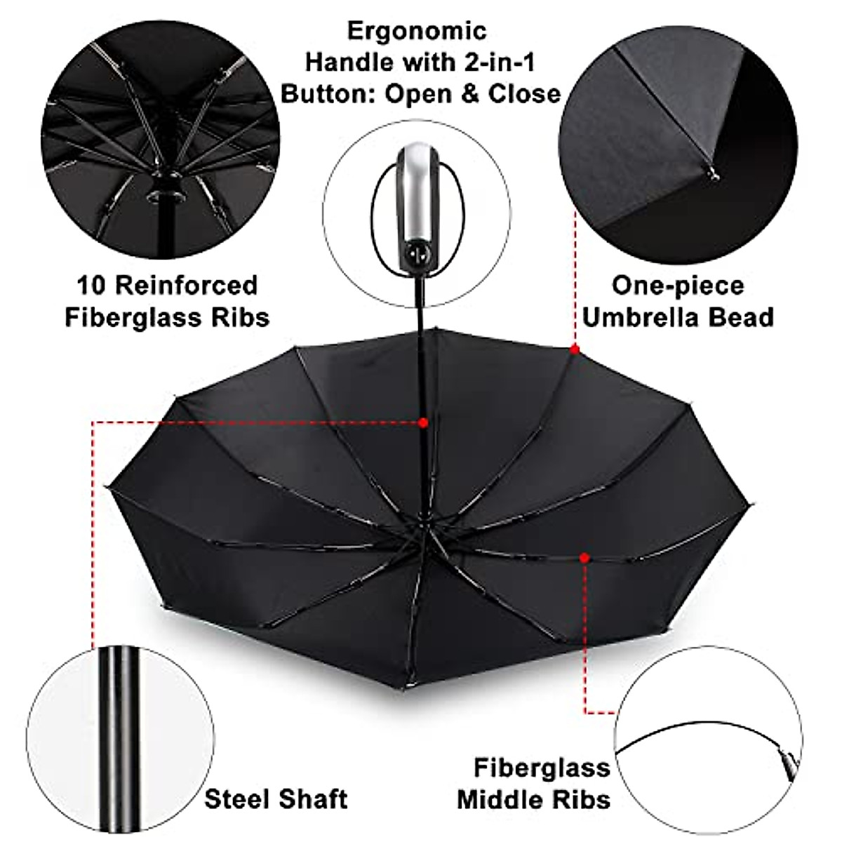 TradMall 3 Pack Travel Umbrella Windproof Portable 46 Inches Large Canopy Auto Open & Close, Black