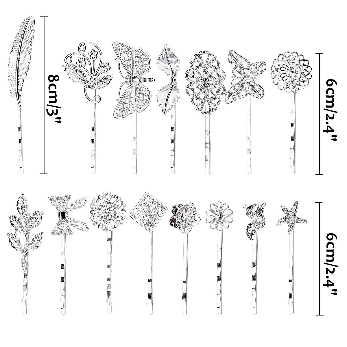 inSowni 30 Pack/15 Pairs Silver Retro Vintage Metal Bobby Pins Hair Clips Barrettes Accessories Leaf Bow Flower Butterfly for Women Girls