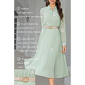 AbleTree Business Casual Shirt Dress for Women Long Sleeves Pleated Midi Dresses with Belt Mint Green