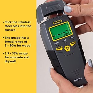 General Tools MMD4E Digital Moisture Meter, Water Leak Detector, Moisture Tester, Pin Type, Backlit LCD Display With Audible and Visual High-Medium-Low Moisture Content Alerts, Grays