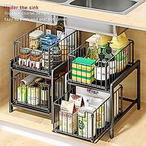 Under Cabinet Organizer,Under Sink Organizers and Storage,Cabinet Pull-Out Home Organizer Rack For Bathroom,2 Tier Kitchen Countertop Sliding Drawer Storage Basket,Pantry Stackable Storage Shelves