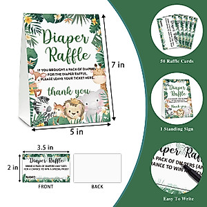 Diaper Raffle Baby Shower Game Set(1 Standing Sign + 50 Guessing Cards), Safari Diaper Raffle Tickets for Baby Shower, Jungle Baby Shower Party Favor Decor - A03