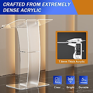 Conference Pulpit Acrylic Transparent Podium Clear Church Lectern Pulpit Office with Light and Remote Control 24x16x43 Inch (Without LED and Remote Control)