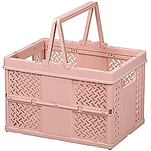LUOZZY Collapsible Storage Storage Basket Handheld Plastic Sundries Holders Folding Basket Box With Handle, Pink