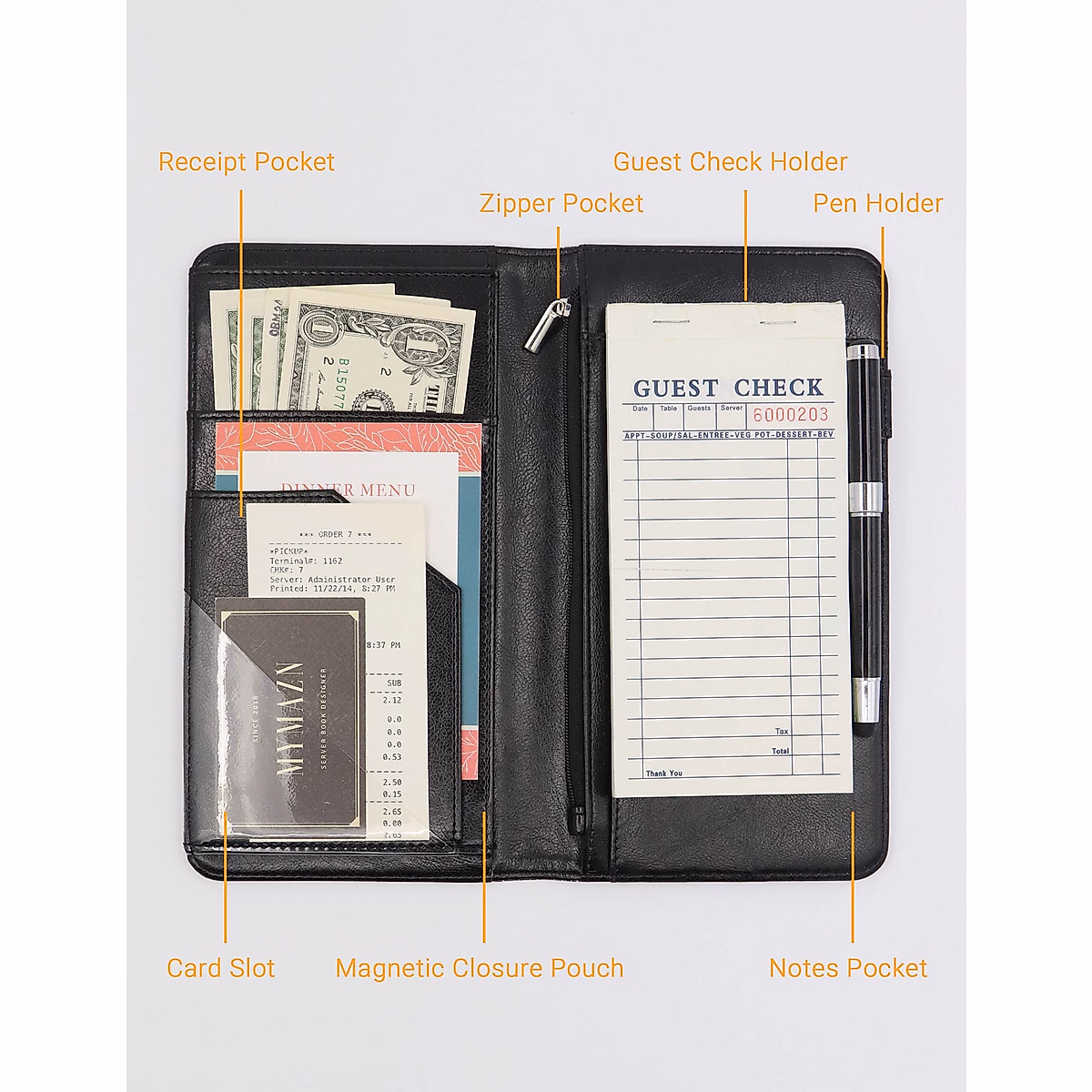 Mymazn Holographic Glitter Server Book with Zipper Pocket 5x9 Waitress Book with Magnetic Closure Pocket Serving Book for Waitress Wallet