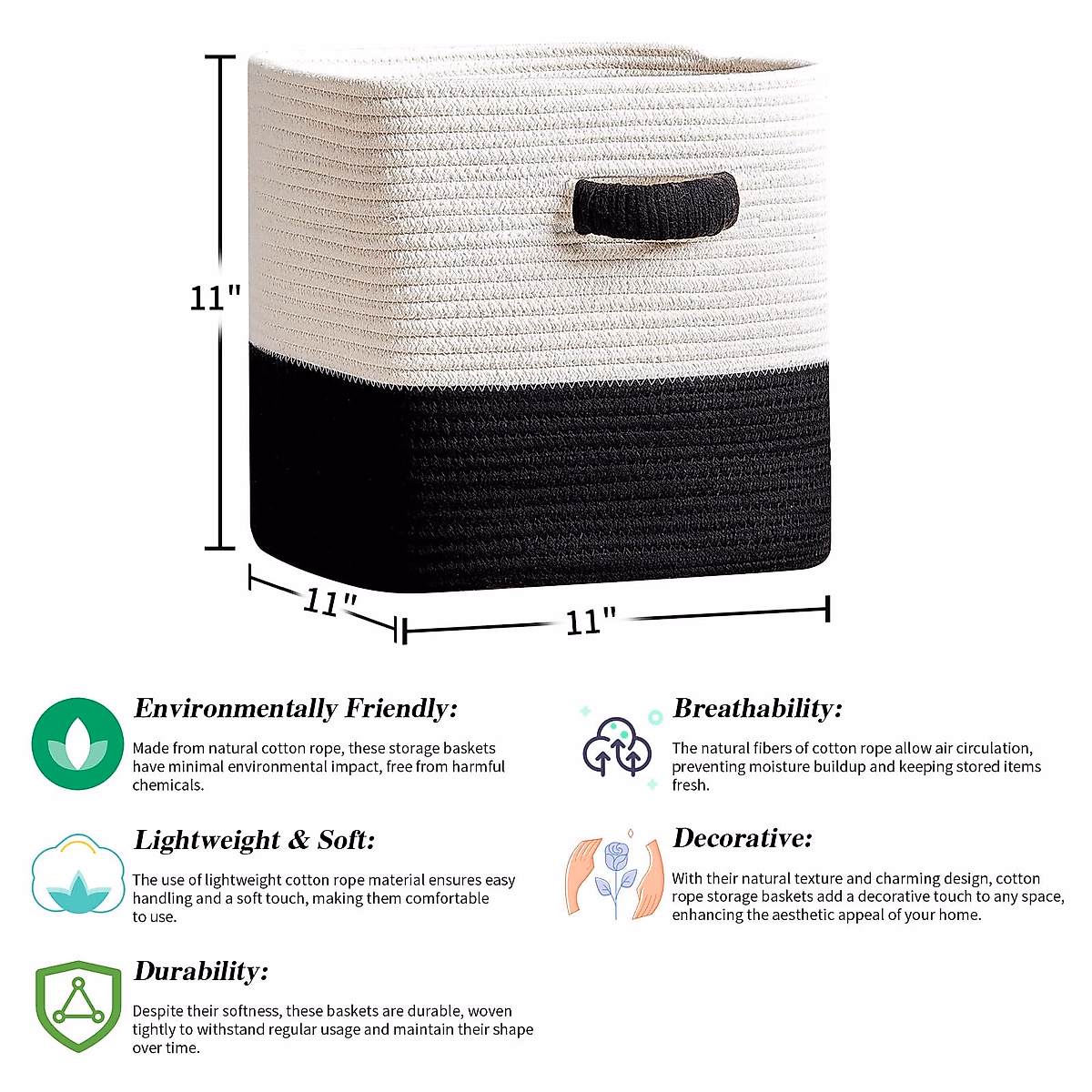 R RUNKA Storage Cube Baskets for Organizing-3 Pack - 11 inch Square Baskets for Cube Storage Closet Storage Bins- Woven Cube Storage Bins for Shelves- Cube Drawer-Toy Storage |White & Black