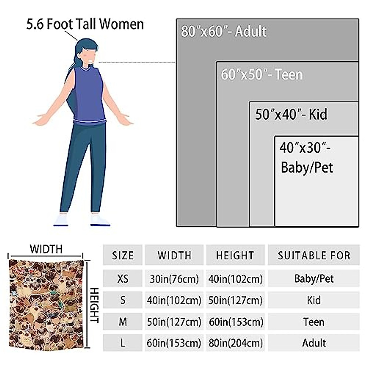 Pug Dog Throw Blanket - Soft, Fuzzy & Warm - 30x40 Inches Lap Size Blanket for Couch, Office - Brown Cute Throw Gift for Girls, Boys