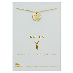 Lucky Feather Aries Zodiac Sign Constellation Pendant Necklace for Women, 14K Gold-Dipped with Adjustable 16” – 18” Chain