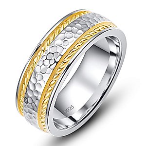 AVECON 6MM Wedding Band for Men 925 Sterling Silver 18K Gold Plated Hammered Engagement Unisex Rings Size 7