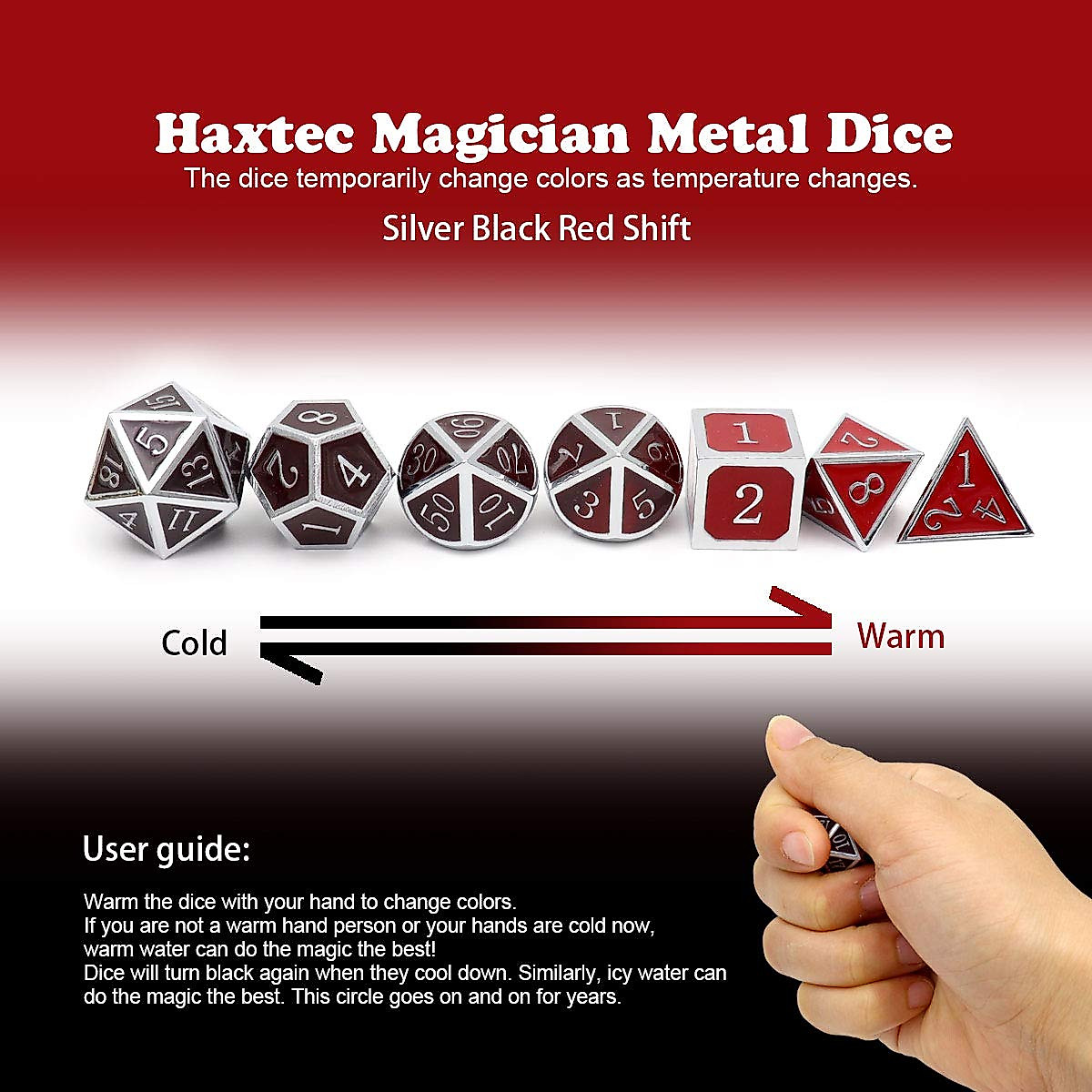 Haxtec Temperature Metal DND Dice Set Color Changing Polyhedral D&D Dice Set for RPG Dungeons and Dragons-Silver Black Red Shift