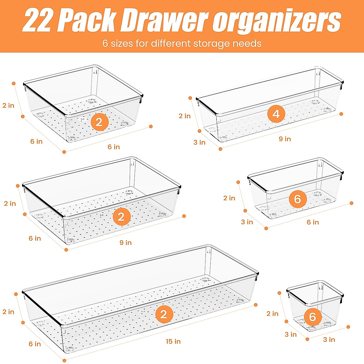 Criusia 22 Pcs Drawer Organizer Bins, Acrylic Non Slip Kitchen Drawer Organizers Storage Tray Divider, Multifunctional Storage for Cosmetics, Bathroom, Tools, Kitchen and Office