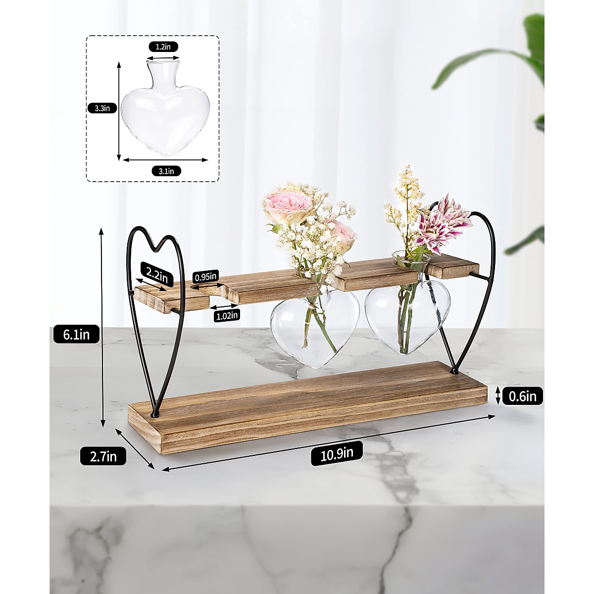 Sapowerntus Heart Propagation Stations, Cute Plant Terrarium Wooden Stand Love Glass Vase, Hydroponic Air Plants Desk Office Garden Mother Gift Decor for Women Plant Lover, 3 Heart Vase
