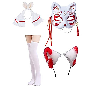 Japanese Anime red White Kimono Fox Rabbit Cosplay Costume Furry Fox Ear Mask with Socks 2XL