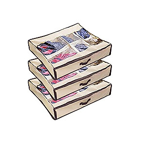 Shonpy 3pcs underbed shoe cloths Organizer 6 Cells Underbed Foldable Closet Organizers,Beige