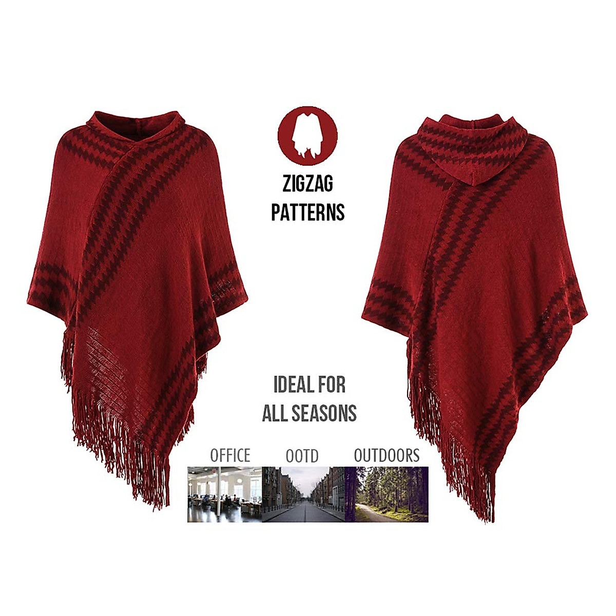 Ferand Soft Pullover Poncho Sweater Cape with Hood for Women, One size, Burgundy