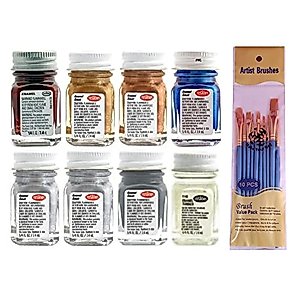 Make Your Day Testors Metallic Enamel Paint Variety with Thinner, 1/4 fl oz (Pack of 8) Paintbrushes