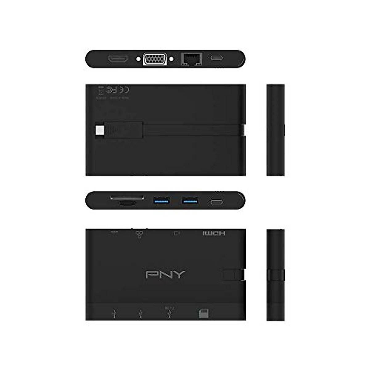 PNY 9 in 1 Mini Portable USB-C Power Hub with Integrated USB-C Cable for USB-C Compatible Devices with 2xUSB-C Ports, 2xUSB-A 3.1 Ports, 1xHDMI Port, 1xVGA Port, SD/microSD Slots, PNY Mini USB-C Hub