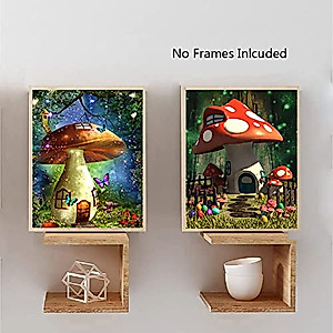 Cartoon Mushroom Posters Fungus Wall Art, Fairy Tale Themed Red Mushroom House Plant Forest Art Prints, Mushroom Posters for Children's Room Bedroom Kindergarten Decor，Set of 6-(8"x10" Unframed)