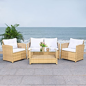 SAFAVIEH Outdoor Collection Vellor Natural/White Cushion 4-Piece Conversation Patio Set PAT7516D