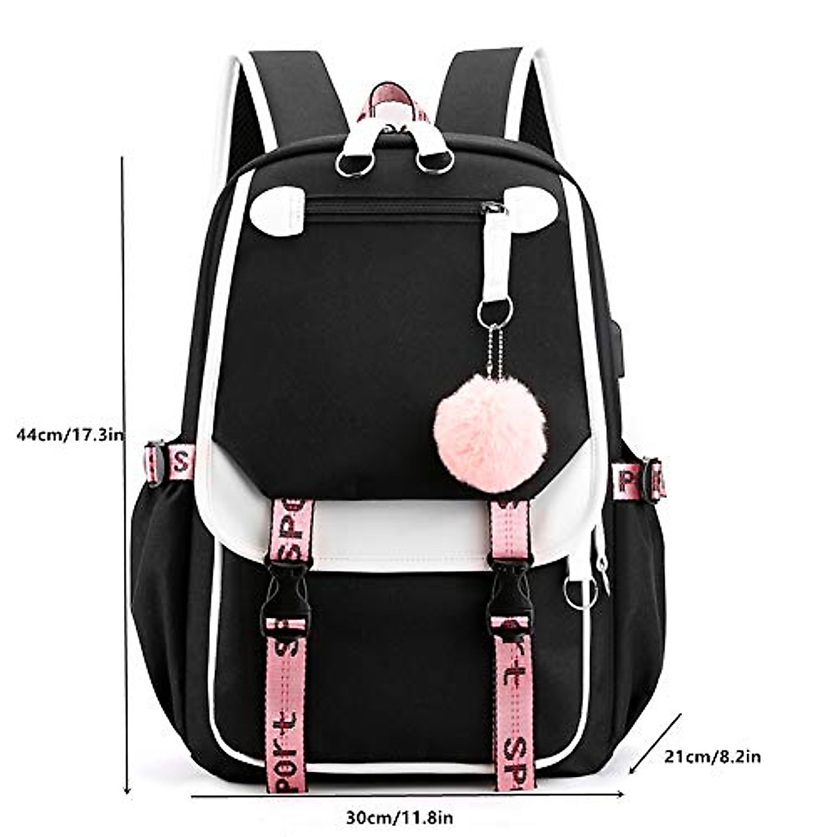 HANXIUCAO Girl Backpack 20-35L Large Capacity Oxford Cloth School Bag Outdoor Rucksackwith USB Charging and Headphone Port for Students (black and pink)