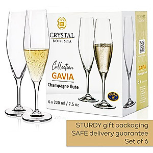 Champagne flutes, 7 oz, Сhampagne Glasses set of 6, Modern Elegant, True Czech Lead-free Durable Crystal Champagne Flutes Glass