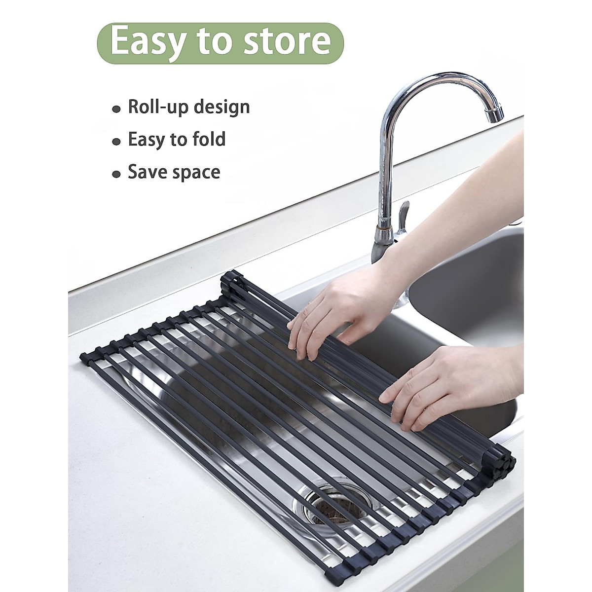 VICEAXY Roll-Up Dish Drying Rack 17” x 13”, Stainless Steel with Silicone Wrapped Drainer Rack, Foldable Sink Rack Mat for Kitchen Dishes, Cups, Fruits, Vegetables (M, Black)