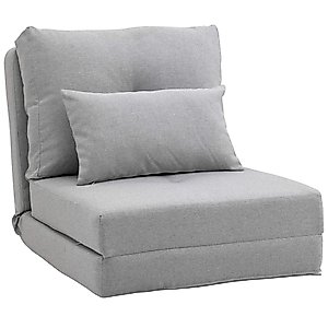 HOMCOM Convertible Flip Chair, Floor Lazy Sofa, Folding Upholstered Couch Bed with Adjustable Backrest, Metal Frame and Pillows for Living Room Bedroom, Light Grey