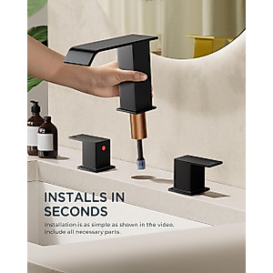 FORIOUS Bathroom Faucets, Black Bathroom Faucet 3 Hole, Waterfall Matte Black Bathroom Faucet with Pop-up Drain and Supply Lines, 8 Inch Widespread 2 Handle Faucet for Bathroom Sink Vanity RV