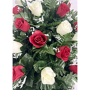 Cemetery Headstone Saddle Flower Arrangement in Red and Cream Roses-Grave Marker Decoration, Sympathy Flowers