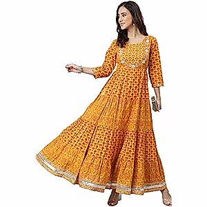 Janasya Women's Mustard Cotton Floral Print Flared Kurta(JNE3971-KR-XL)