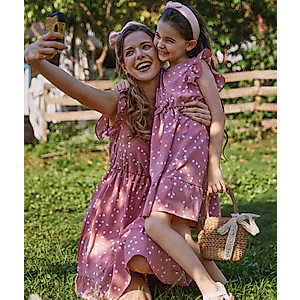 Focamia Pink V Neck Ruffle Short-Sleeve Splicing Butterfly and Floral Print Dress for Mom and Me (as1, Age, 6_Months, Pink Dots, 6 Months)