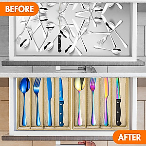 KITWARE Silverware drawer organizer, Gold Kitchen Utensil Mesh Metal, Living Room Bedroom Beauty Item Dividers