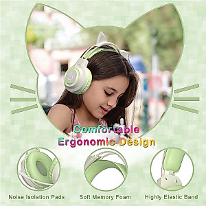 Gaming Headset with Removable Cat Ears, 3.5mm Wired Headphones with Adjustable Microphone, Extendable Padded headband, Noise Cancelling and RGB Light Headphones for Xbox/PS4/Switch/Mac/Phone (Green)