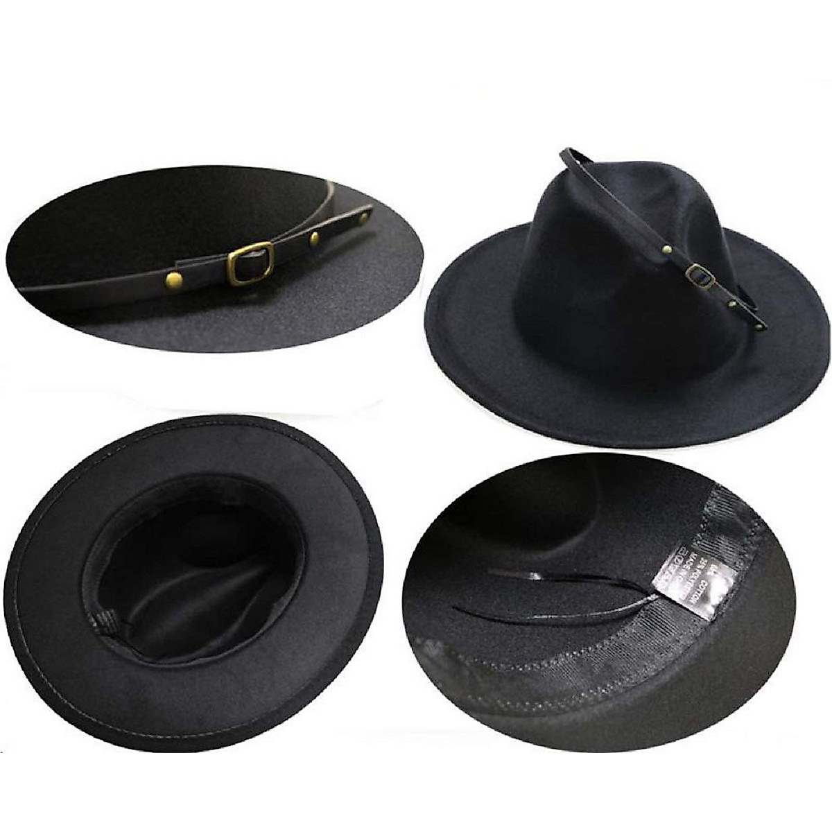 Women's Felt Panama Hats Classic Wide Brim Rancher Fedora with Belt Buckle (Black, 56-58cm/22-22.8in)