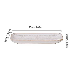 Rectangular Vanity Sink Tray for Bathroom Ceramic Kitchen Dreesser Tray with Emboss Pattern, Comestic Jewelry Dish Ring Holder Bathtub Organizer Dessert Plate Home Decor, Cream