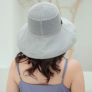 Women Mesh Sun Hats Summer Beach UV Protection UPF Packable Wide Brim Chin Strap (Grey)