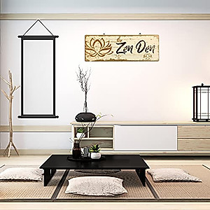 The Zen Den Lotus Wood Sign 15.75 x 5.9 Inch Lotus Yoga Sign Wooden Hanging Wall Sign with Hooks Meditation Home Decor for Yoga Studio Bathroom Bedroom Spiritual Room Decoration (Light Yellow)