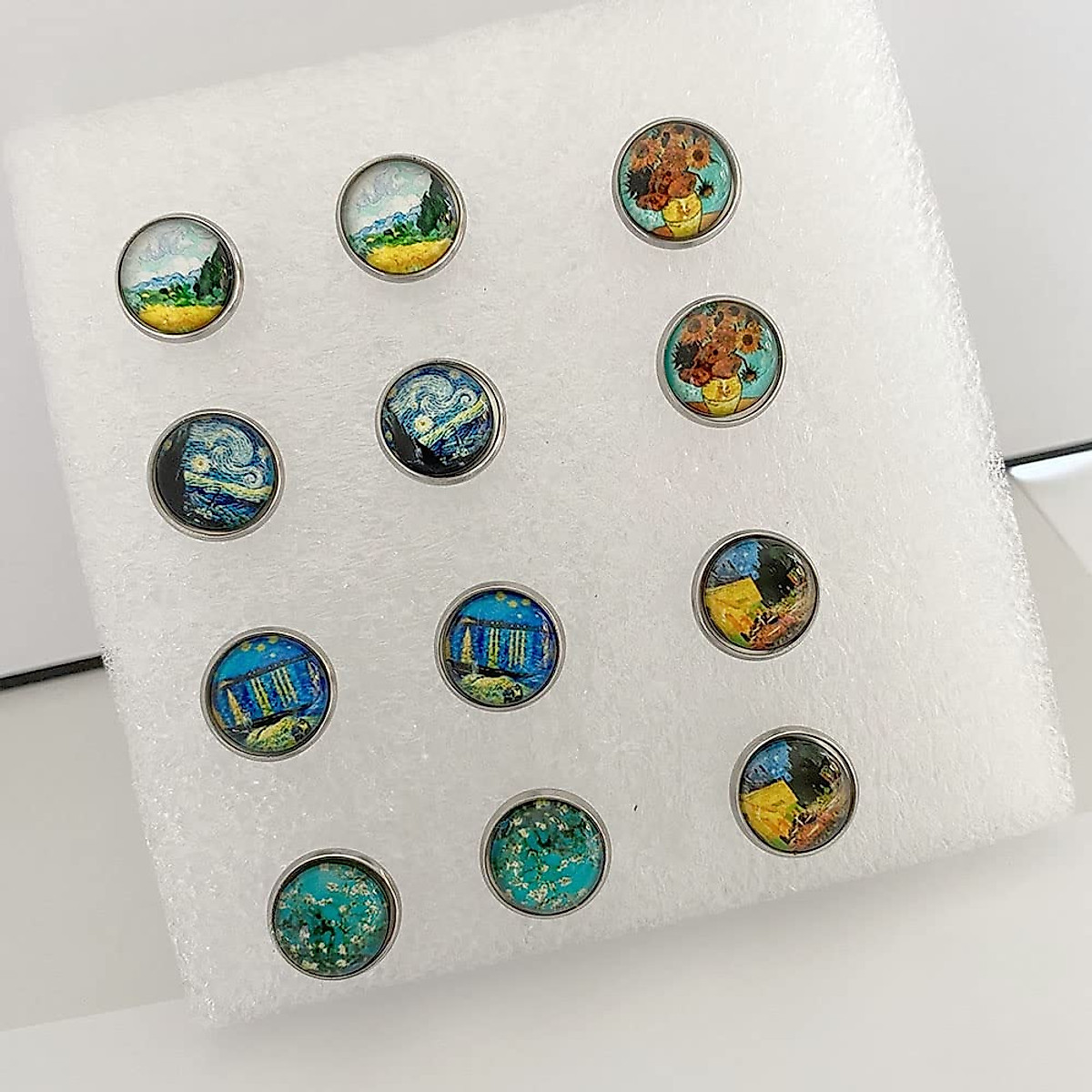 6 Pairs Van Gogh Painting Glass Ball Earrings Van Gogh Starry Sky Starry Night Sunflower Oil Painting Stud Earring Set for Women (Colours-6Pc)