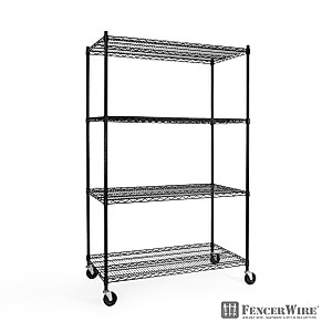 Fencer Wire 4-Tier Commercial Grade Heavy Duty Adjustable Height Wire Shelving w/Casters & Leveling Feet, Garage Shelving Storage Organizer, Storage Metal Steel Shelf, Utility Storage Shelf, Black.