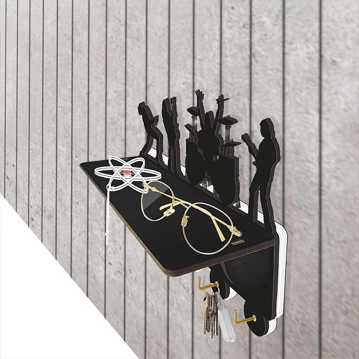 The Geeky Days Rock Band Key Holder for Wall, Musical Theme Wooden Wall Mounted Hat Coat Rack with Mail Medal Organizer Shelf, 5 Metal Hooks Hanger, for Music Lover Studio Hanging Decor