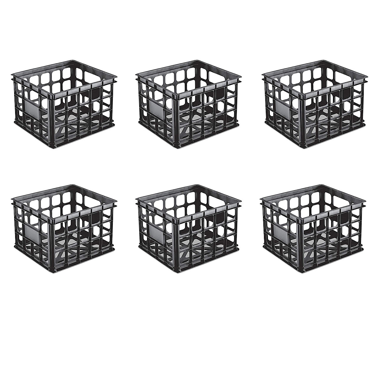 Sterilite Storage Crate, Stackable Plastic Bin with Handles, Organize Home, Garage, Office, School, Black, 6-Pack