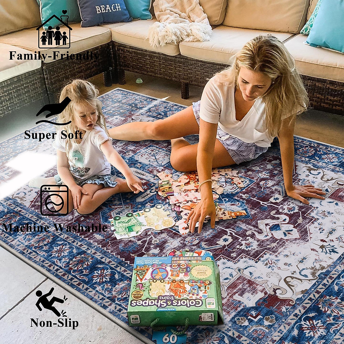 Topotdor Washable Rugs 6x9 Vintage Area Rugs Non-Slip Area Rugs Low Pile Floor Carpet Printed Soft Durable Stain Resistant Foldable Rugs Living Room Dining Room Bedroom,Burgundy