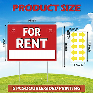 Soaoo 5 Pack 12 x 16 Inch for Rent Sign with Stand Double Sided Yard Sign Stands Corrugated Plastic Lease with Directional Arrow Sticker House Car Rental Supplies