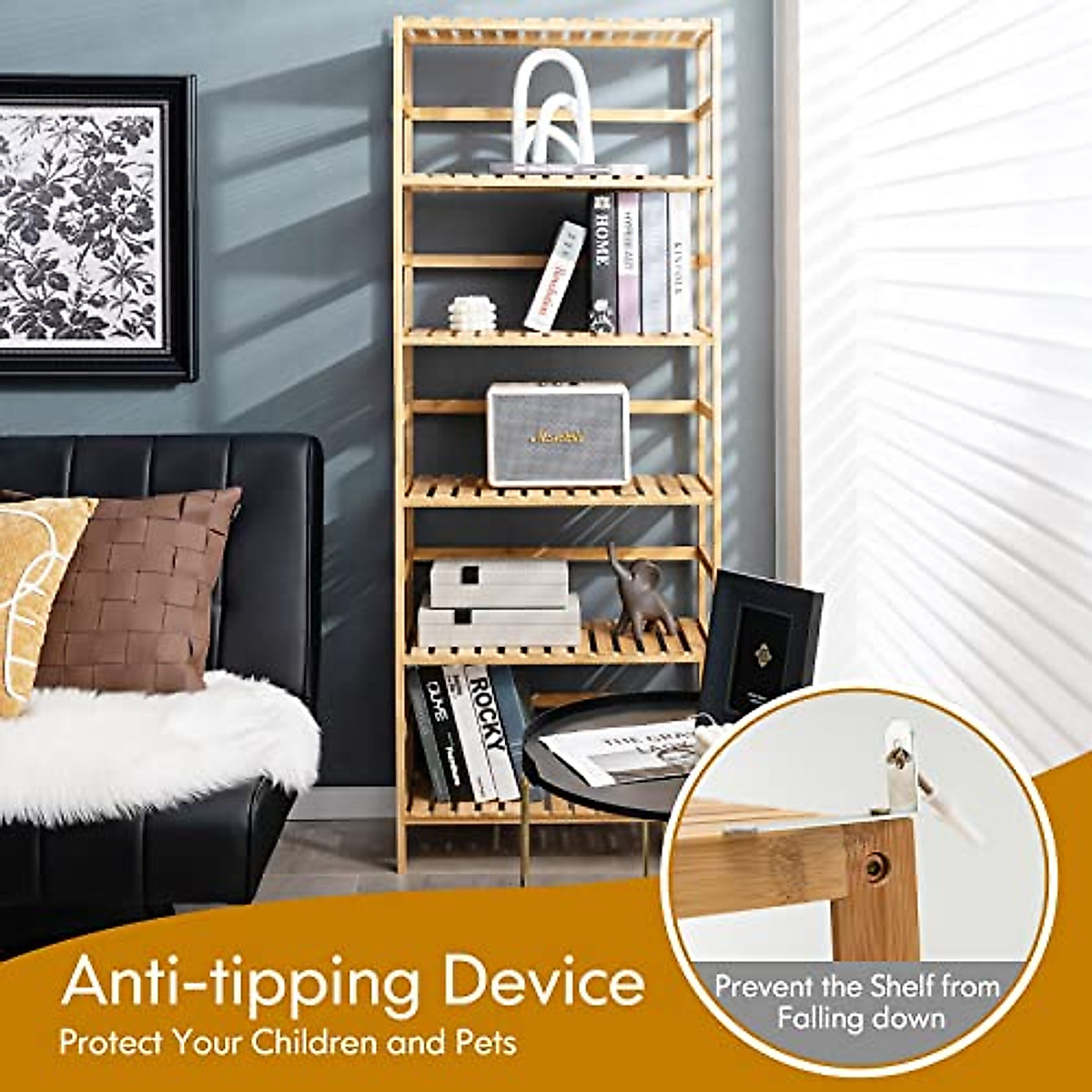 Giantex 6-Tier Bamboo Bookshelf, 63'' Tall Freestanding Storage Display Shelf with Adjustable Shelves, Easy Assembly Multipurpose Bookcase Shelf Rack for Living Room, Kitchen, Plants (Natural)