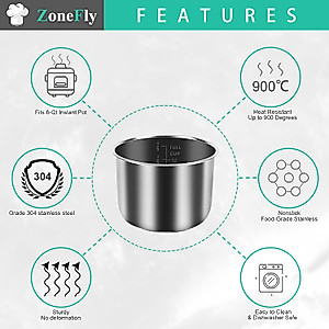 ZoneFly Stainless Steel Inner Pot Compatible with Instant Pot 6 Qt, Original Cooking Pot for 6 Quart InstaPot Replacement Pot, Polished Surface Non-Stick and 2 Sealing Rings for Insta Pot Cooker