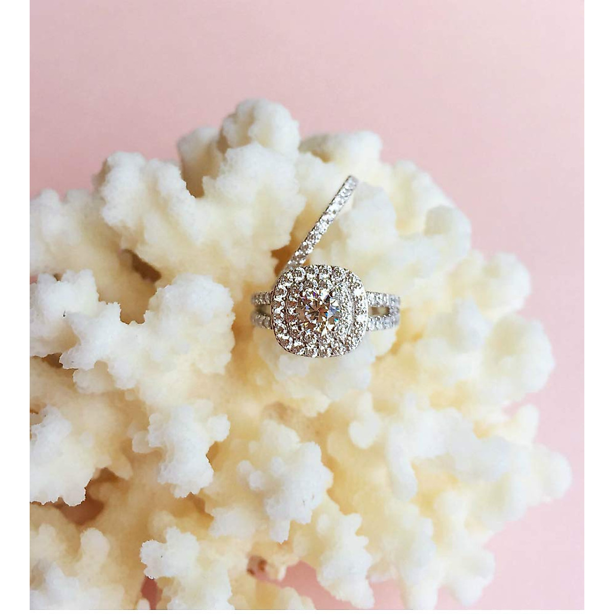 Silver Accented Bridal Ring Band Set Round Double Halo Engagement Ring Anniversary Wedding Infinity Love (Silver, 6)