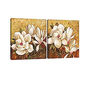 Pyradecor Magnolia Flowers Modern 2 Piece Stretched Floral Canvas Prints Oil Paintings Artwork Style Brown Pictures on Canvas Wall art for Living Room Bedroom Home Decorations