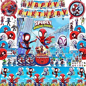 203PCS Birthday Party Supplies and Decorations for Kids, Serves 10 Guests with Backdrop, Banner, Invitation Cards, Cake Topper, Foil Balloon, Swirls, Balloons, Stickers, Tableware