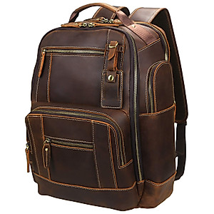 LANNSYNE Men's Vintage Full Grain Leather 15.6 Inch Laptop Backpack Camping Travel 24L Rucksack